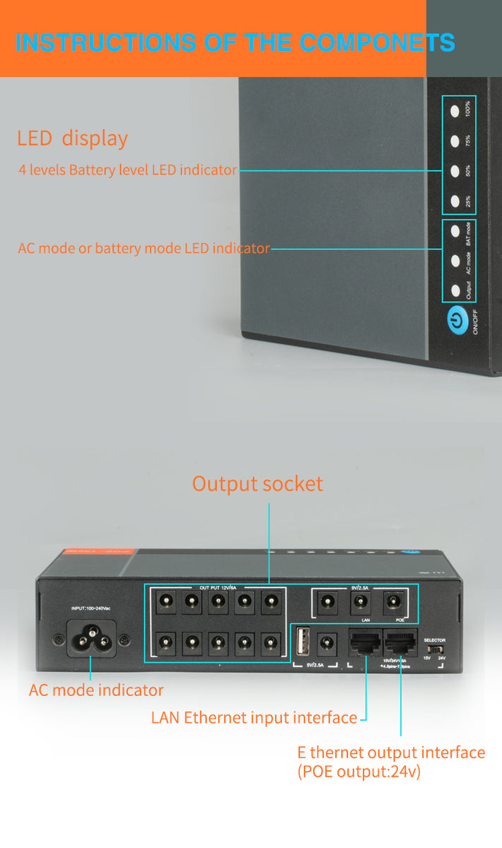 Mini UPS POE portátil de alta potencia de 100 W con puerto USB de 5 V ...